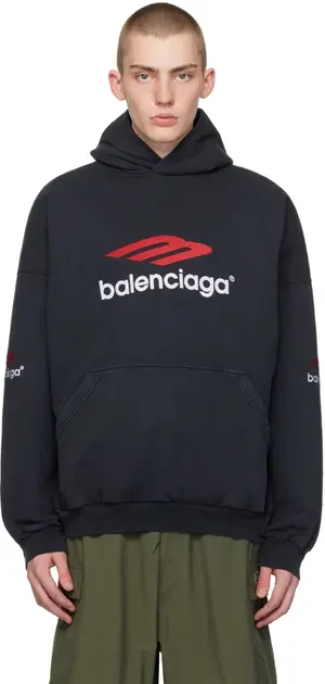 Balenciaga Black 3b Sports Icon Hoodie - Fade Black/Red/White